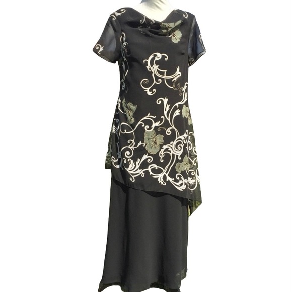 Eva Blue | Dresses | Eva Blue Floral Asymmetrical Black Chiffon Dress ...
